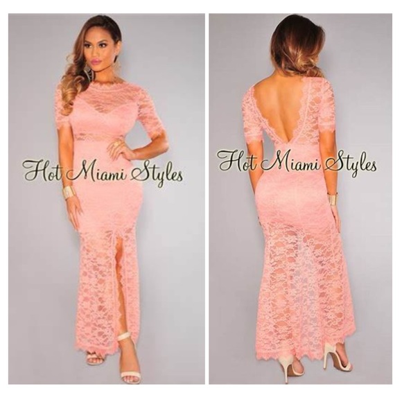 Hot Miami Styles | Dresses | Hot Miami Styles Rose Pink Lace Slit Maxi ...